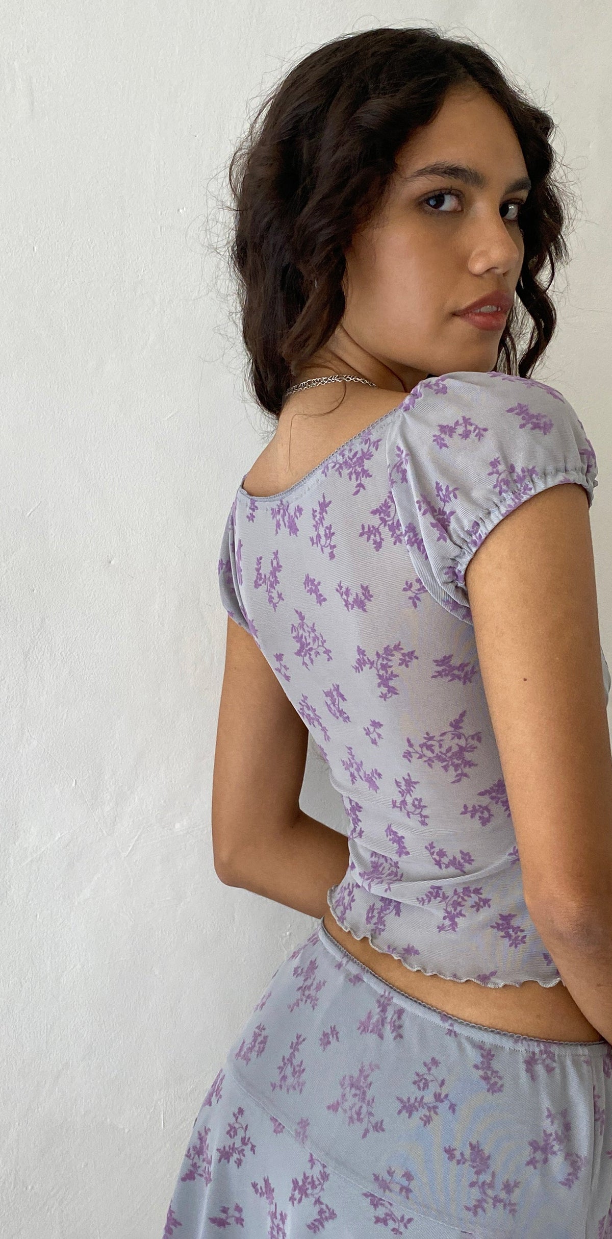 Purple Botanist Flock Sweetheart Mesh Top | Lorenne – motelrocks-com-us