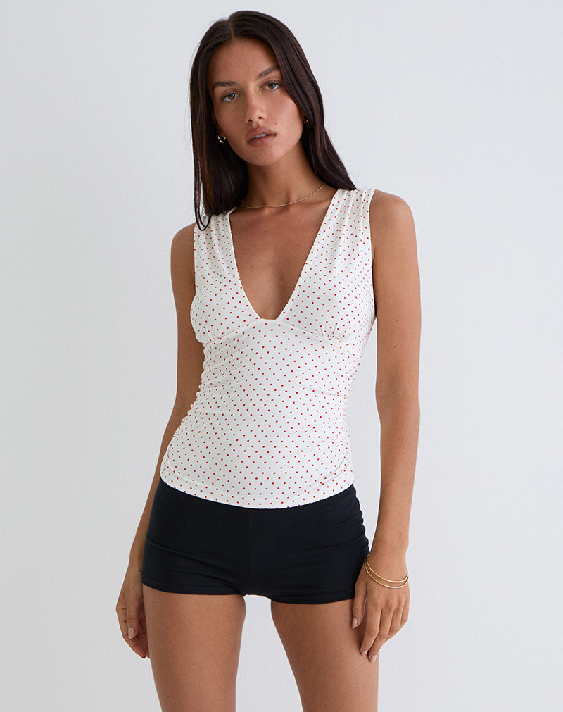 White Plunge Top with Red Micro Polka Print | Lycia – motelrocks-com-us