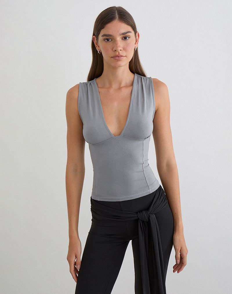 Grey Sleeveless Plunge Top | Lynod – motelrocks-com-us