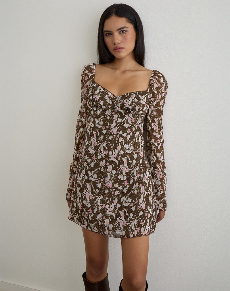 Brown and Pink Polka Flower Chiffon Print Mini Dress | Mariko ...