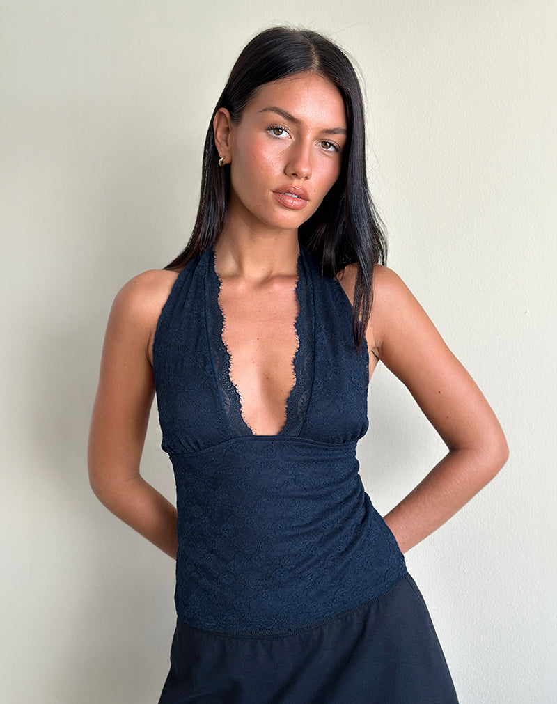 Navy Blue Clover Lace Halterneck Top | Matua – motelrocks-com-us