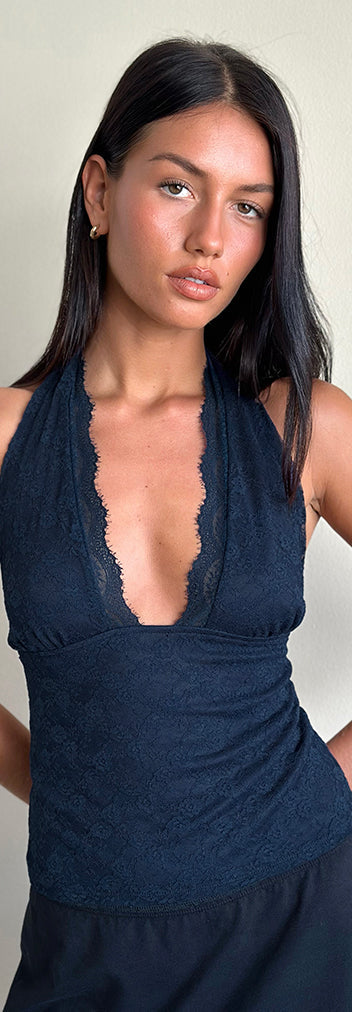 Navy Blue Clover Lace Halterneck Top | Matua – motelrocks-com-us