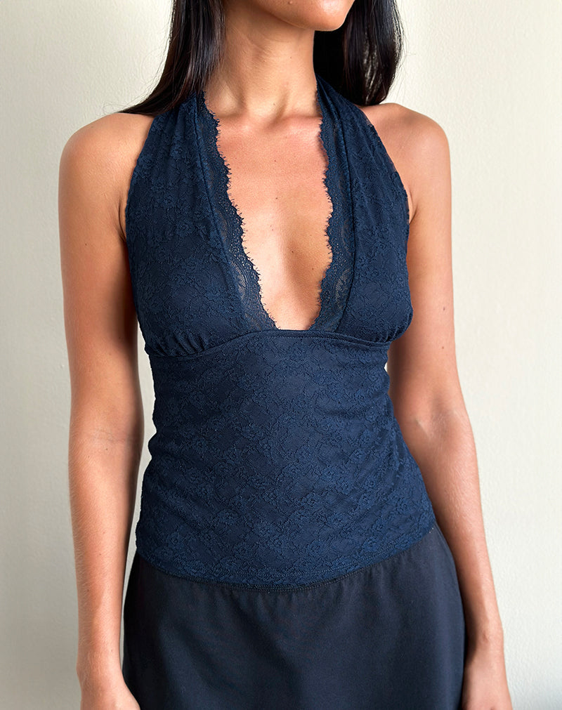 Navy Blue Clover Lace Halterneck Top | Matua – motelrocks-com-us