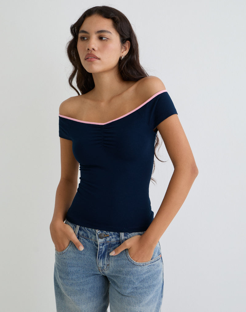 Navy with Pink Binding Off the Shoulder Top | Mayomi – motelrocks-com-us