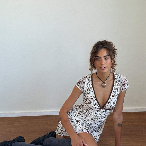 Brown Stem Flower Flock Mini Dress | Melva – motelrocks-com-us