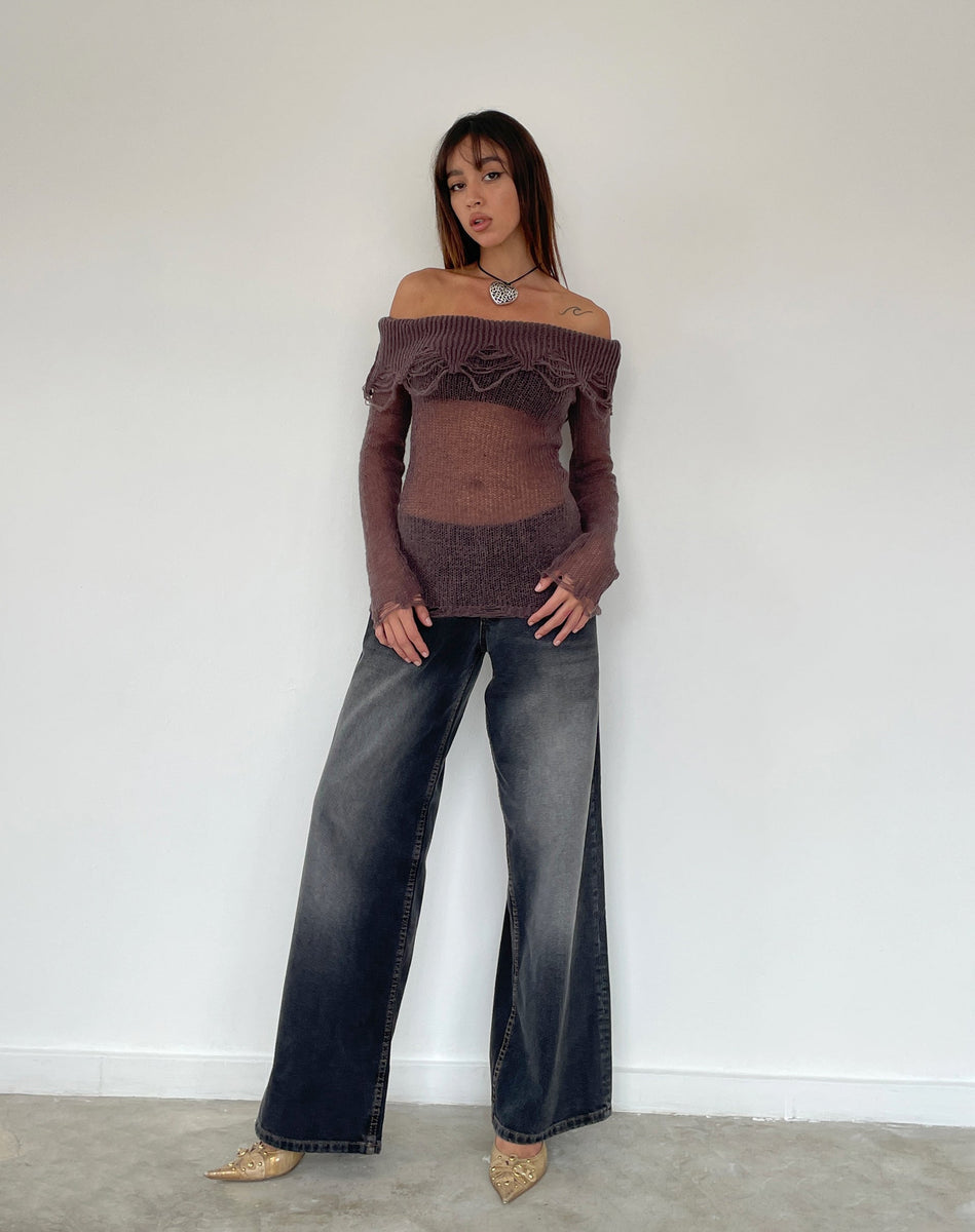 Maroon Distress Knit Long Sleeve Bardot Top | Milena – motelrocks-com-us