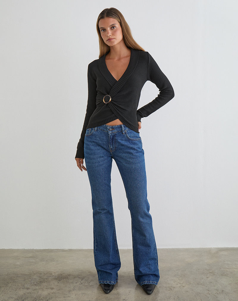 Black Knit Long Sleeve V Neck Wrap Top | Minara – motelrocks-com-us