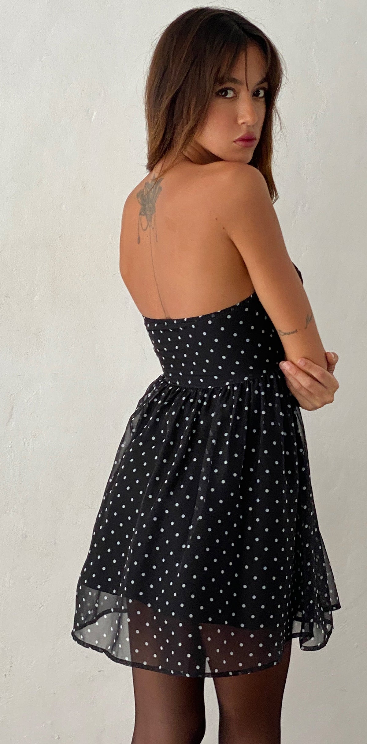 Polka Black Chiffon Bandeau Mini Dress | Murni – motelrocks-com-us
