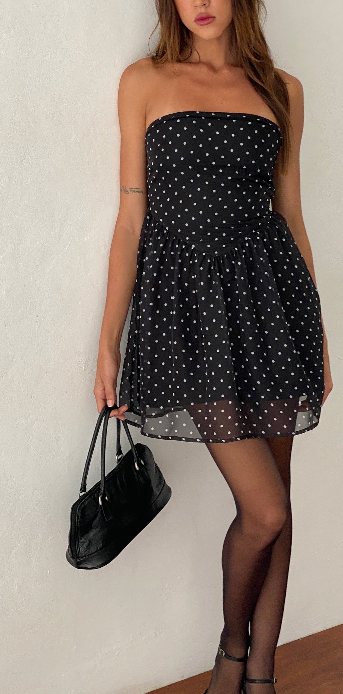 Polka Black Chiffon Bandeau Mini Dress | Murni – motelrocks-com-us