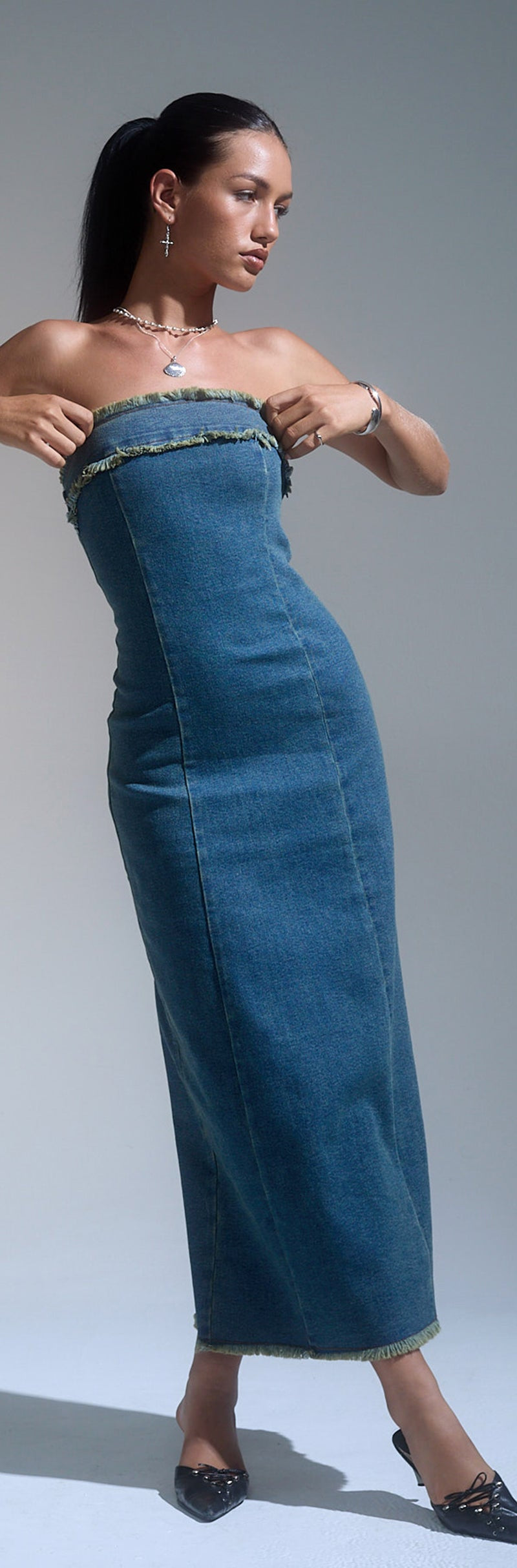 Brown Blue Acid Wash Denim Bandeau Maxi Dress | Atun – motelrocks-com-us