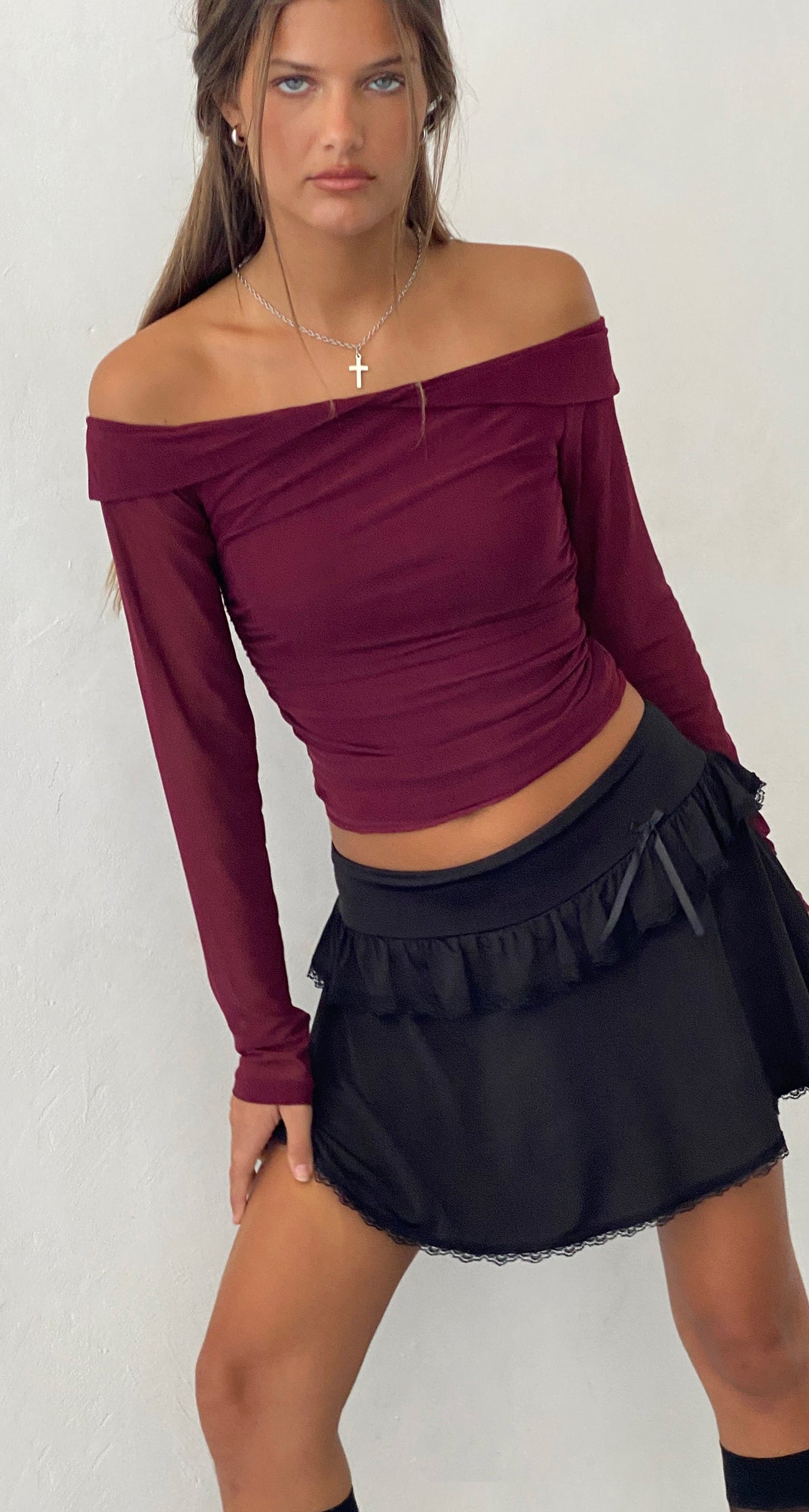 Maroon Mesh Bardot Top | Nauri – motelrocks-com-us