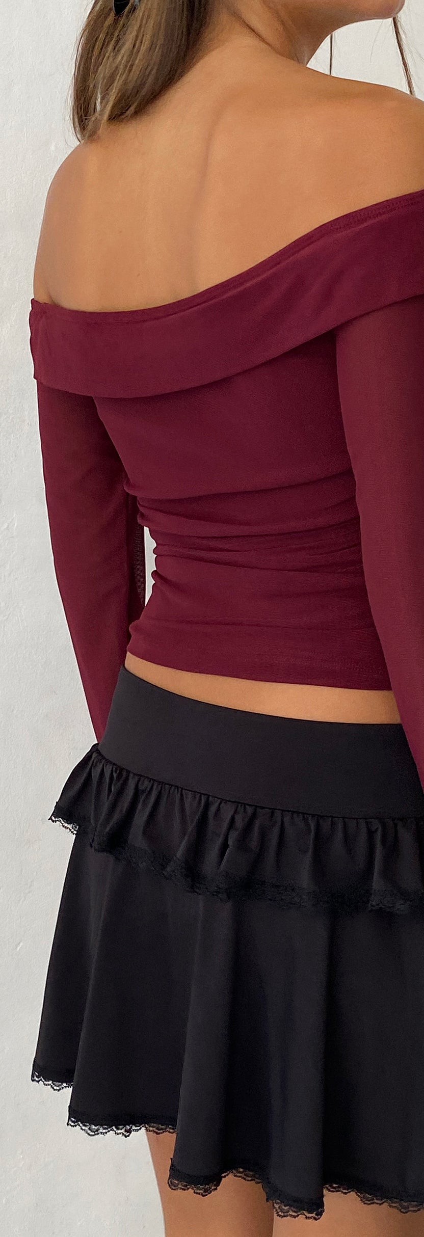 Maroon Mesh Bardot Top | Nauri – motelrocks-com-us