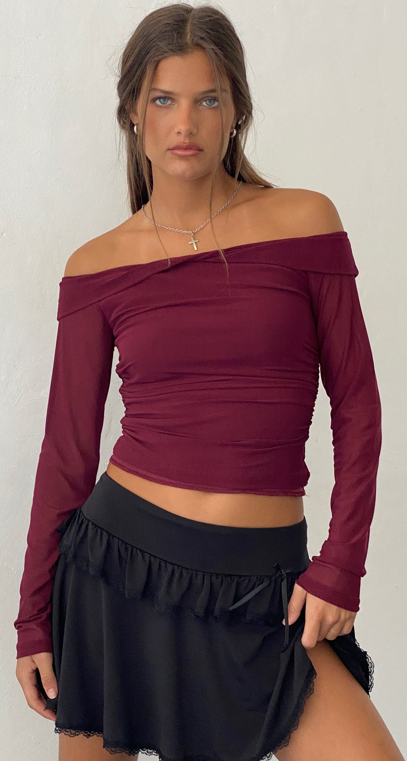 Maroon Mesh Bardot Top | Nauri – motelrocks-com-us