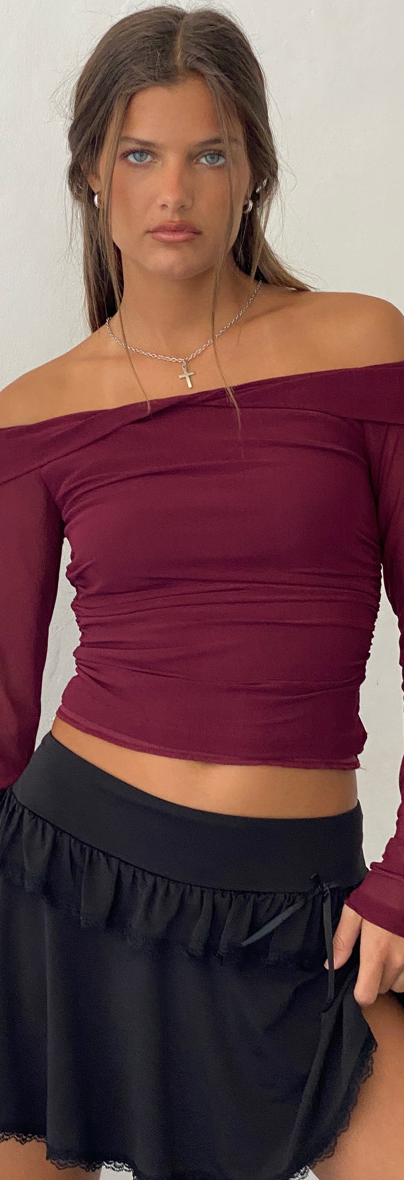 Maroon Mesh Bardot Top | Nauri – motelrocks-com-us