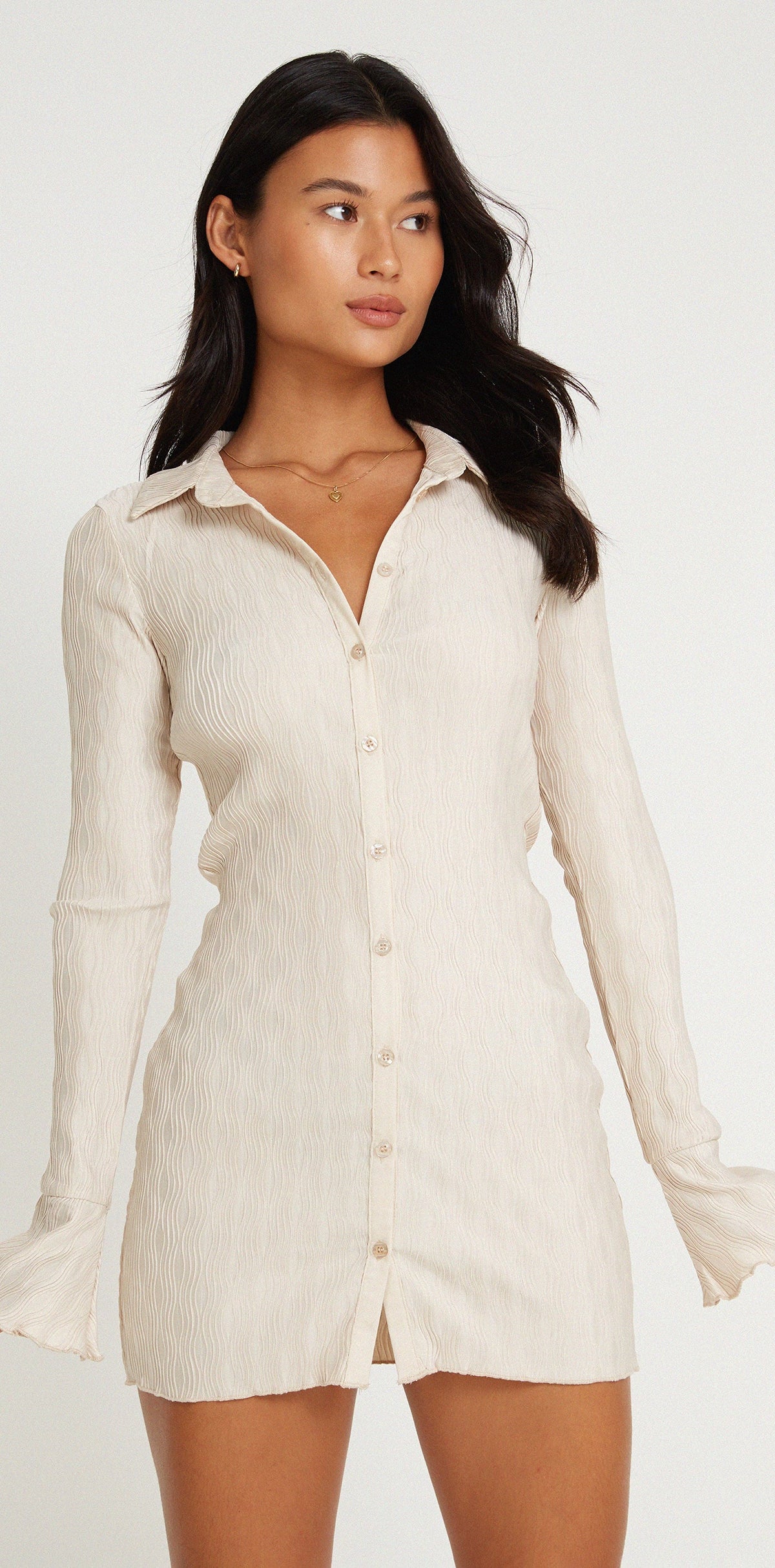 Crinkle Beige Button Up Mini Dress | Nitara – motelrocks-com-us