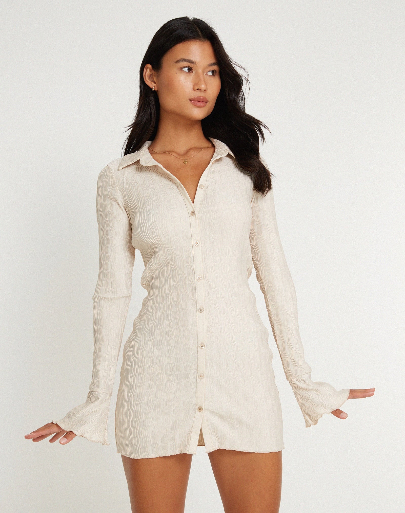 Crinkle Beige Button Up Mini Dress | Nitara – motelrocks-com-us
