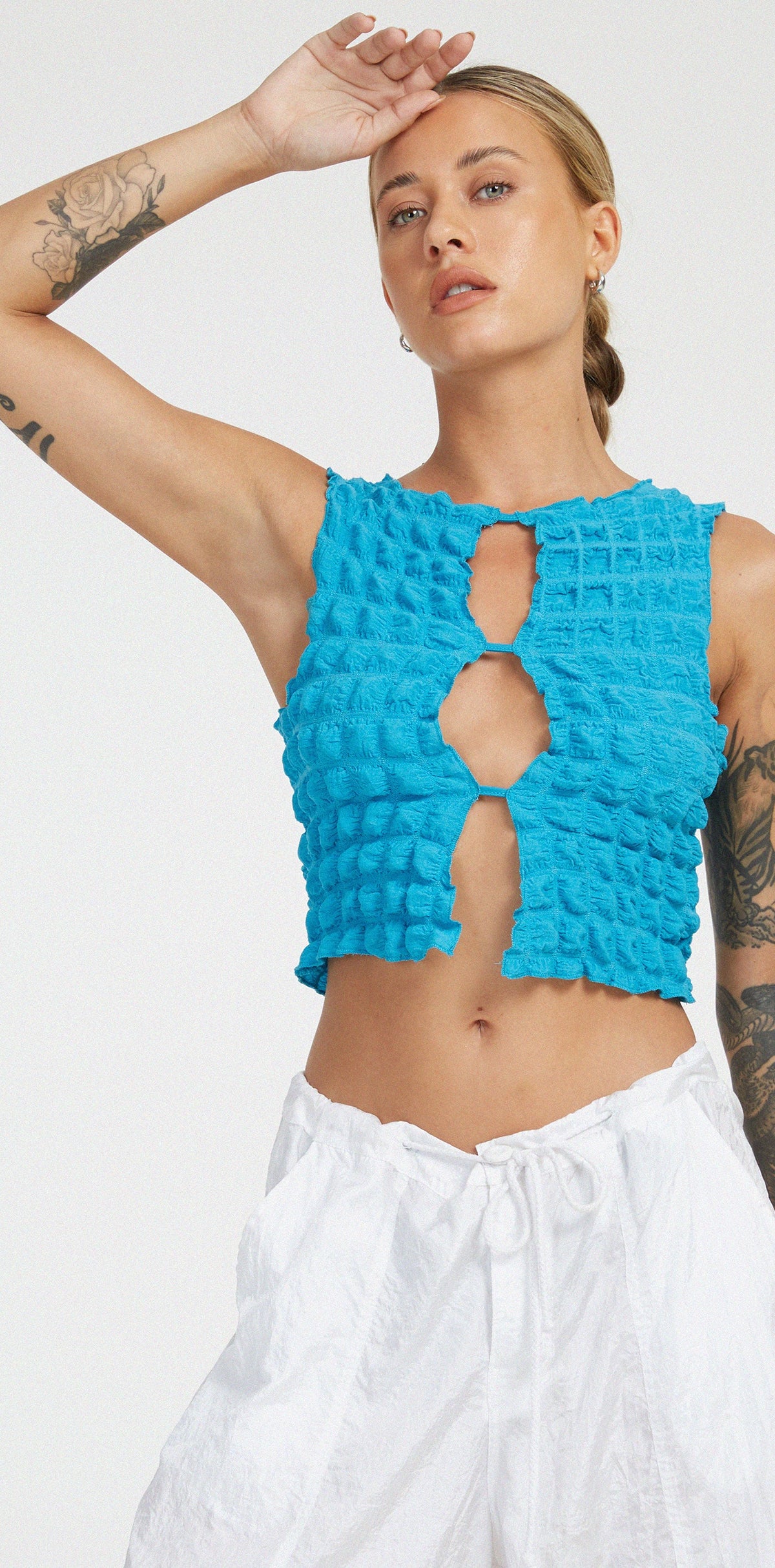 Blue Crew Neckline Cut Out Crop Top | Nolan – motelrocks-com-us
