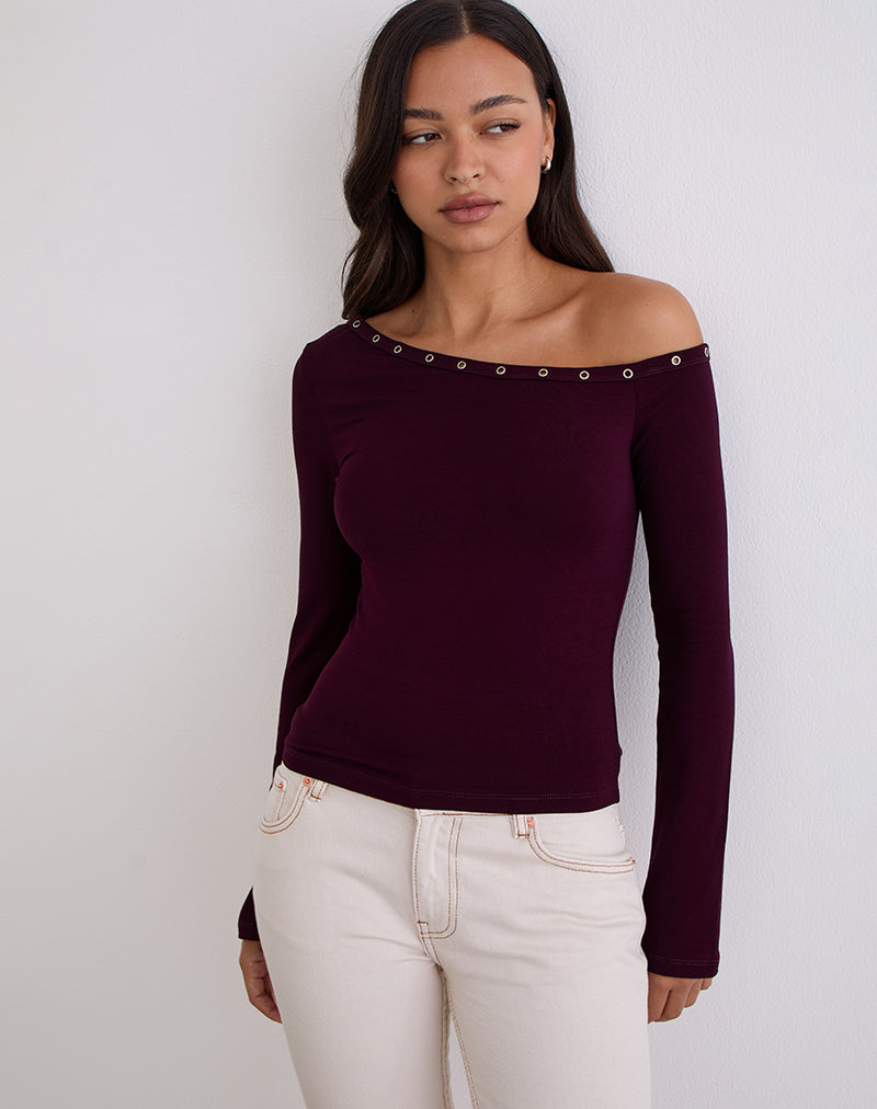 Red One Shoulder Eyelet Long Sleeve Top | Noraba – motelrocks-com-us