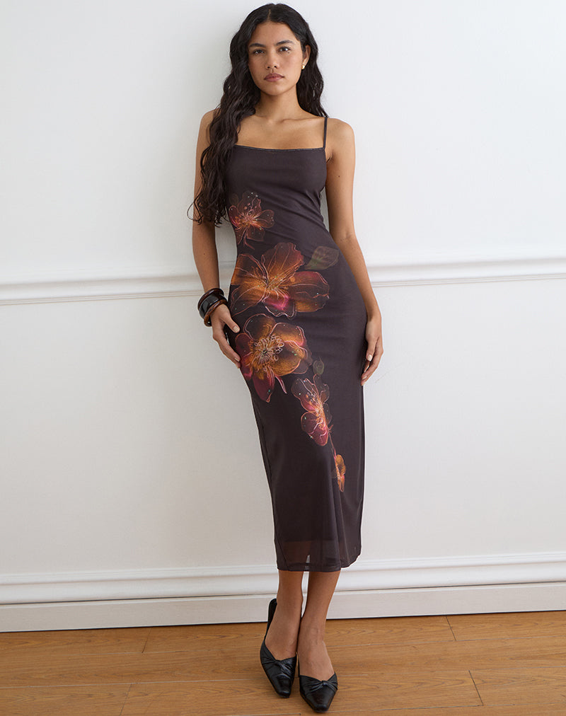 Brown with Orange Vibrant Lotus Print Midi Dress | Nori – motelrocks-com-us