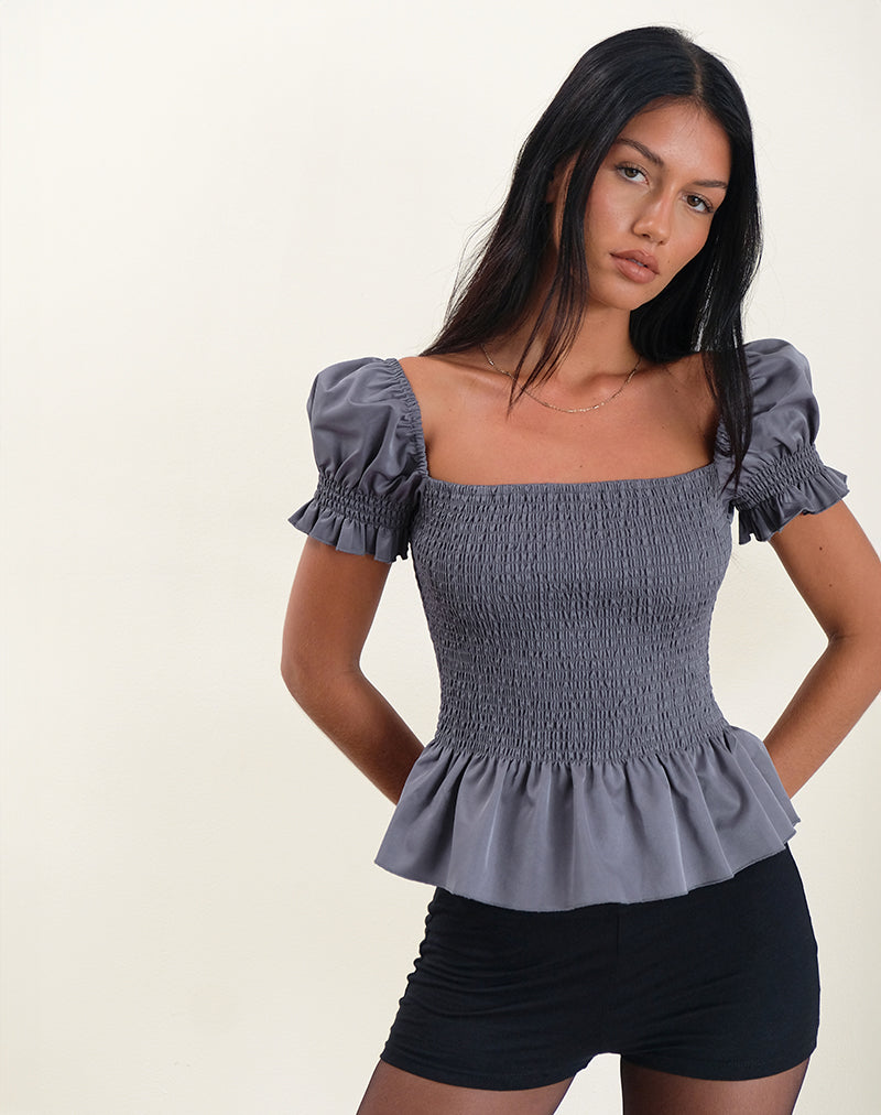 Grey Puff Sleeve Shirred Top | Notina – motelrocks-com-us