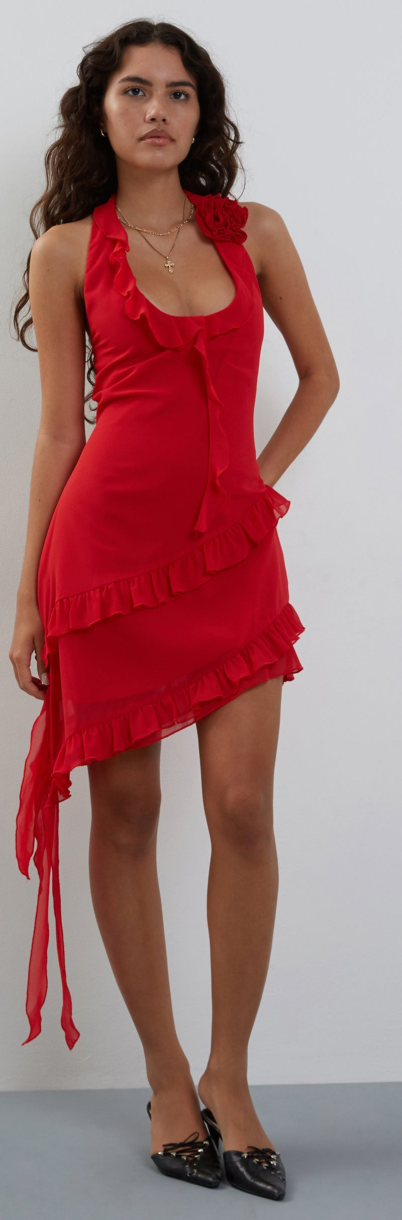 Red Chiffon Ruffle Mini Dress | Margaret – motelrocks-com-us