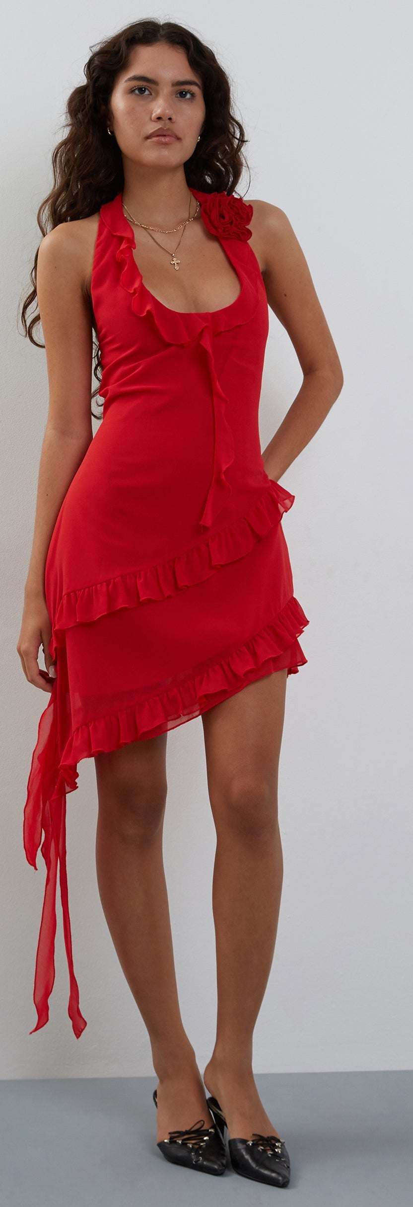 Red Chiffon Ruffle Mini Dress | Margaret – motelrocks-com-us