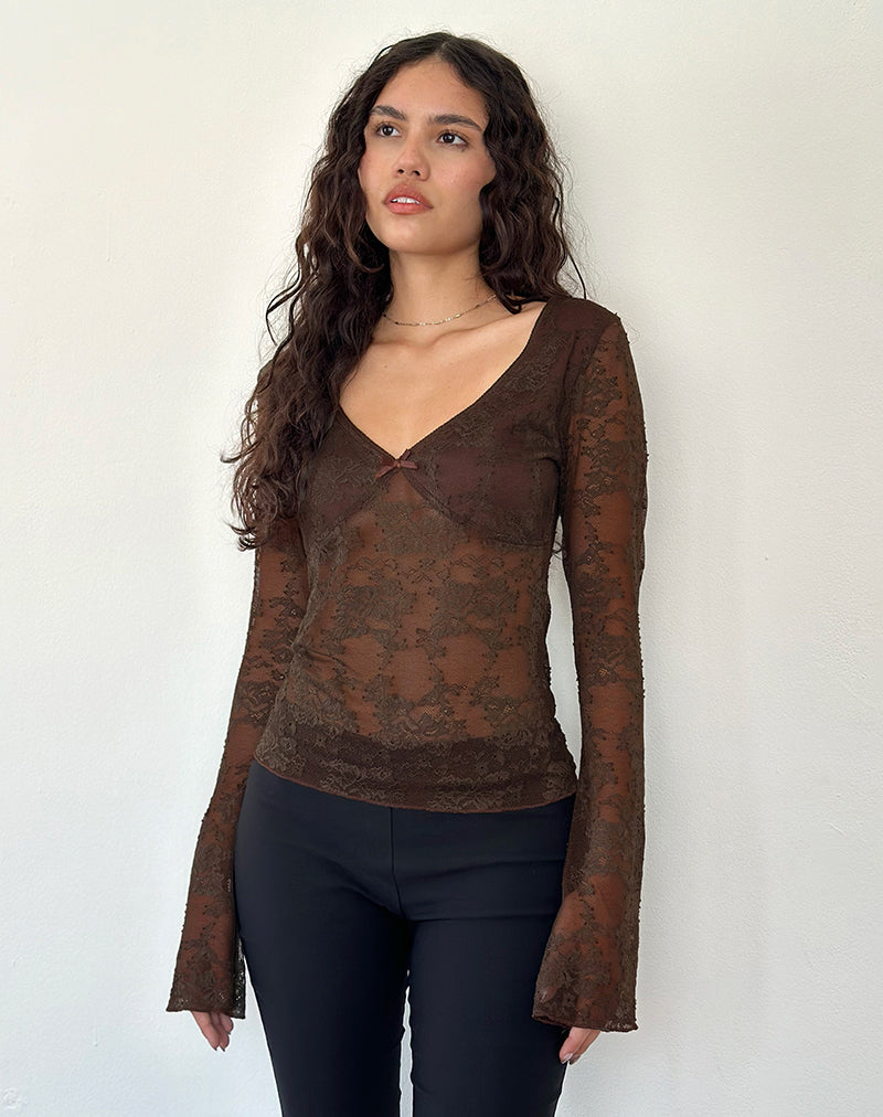Brown Long Sleeve Lace Top | Orphee – motelrocks-com-us