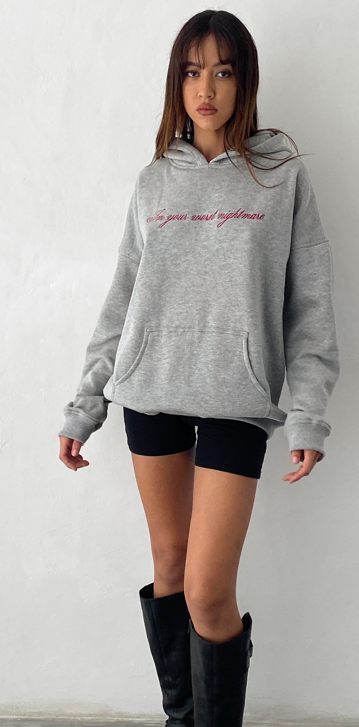 Grey Marl with Worst Nightmare Embroidery Hoodie | Oversized ...