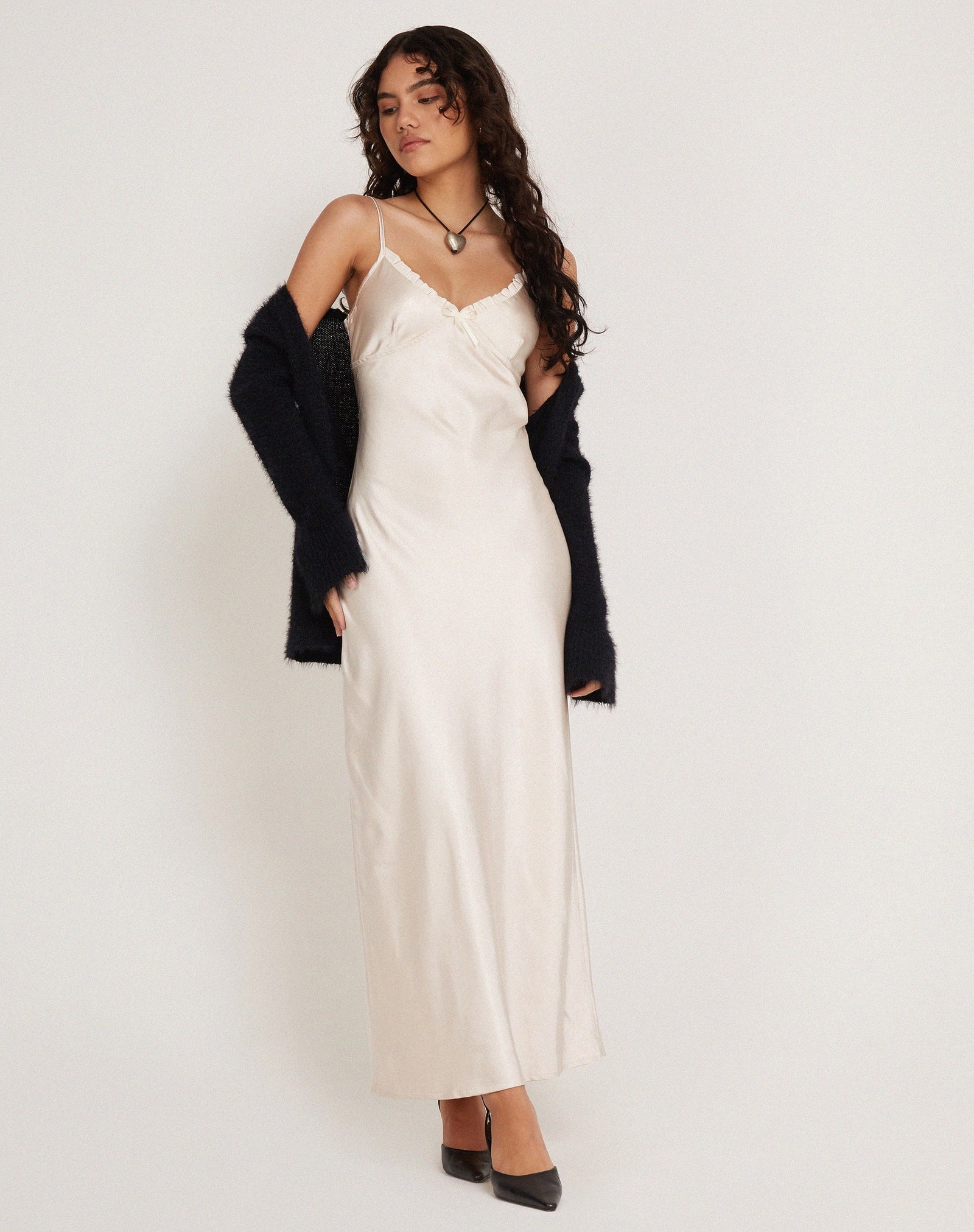 Satin Pearled Ivory Midi Dress | Padil – motelrocks-com-us