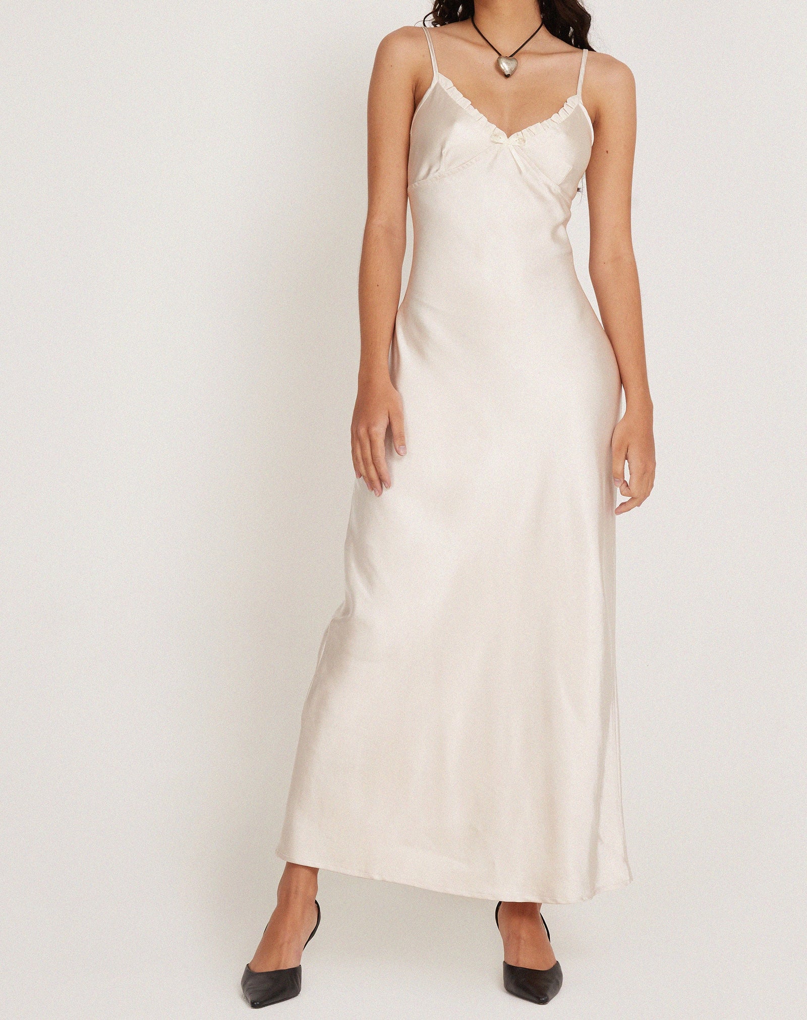 Satin Pearled Ivory Midi Dress | Padil – motelrocks-com-us