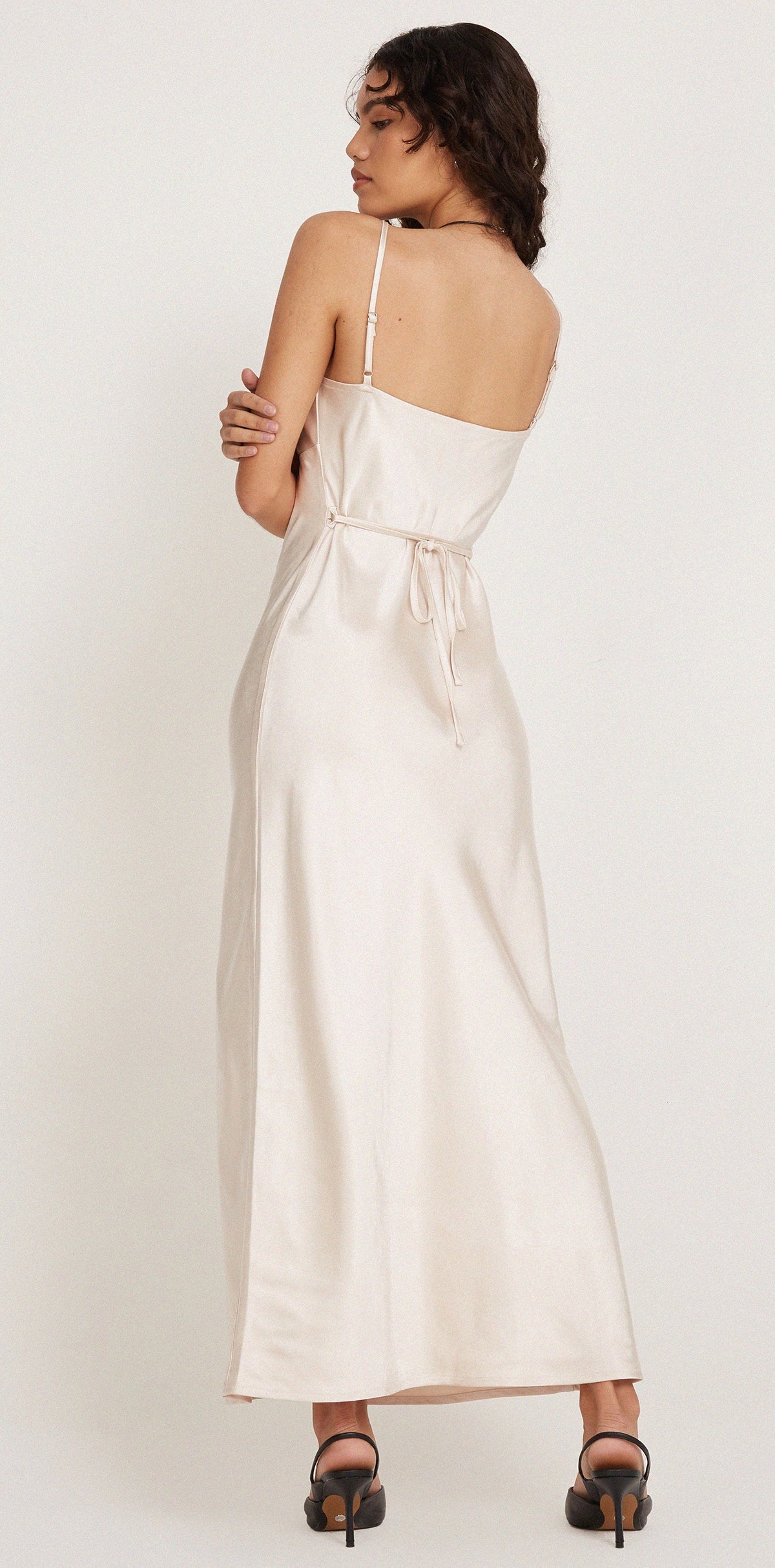 Satin Pearled Ivory Midi Dress | Padil – motelrocks-com-us
