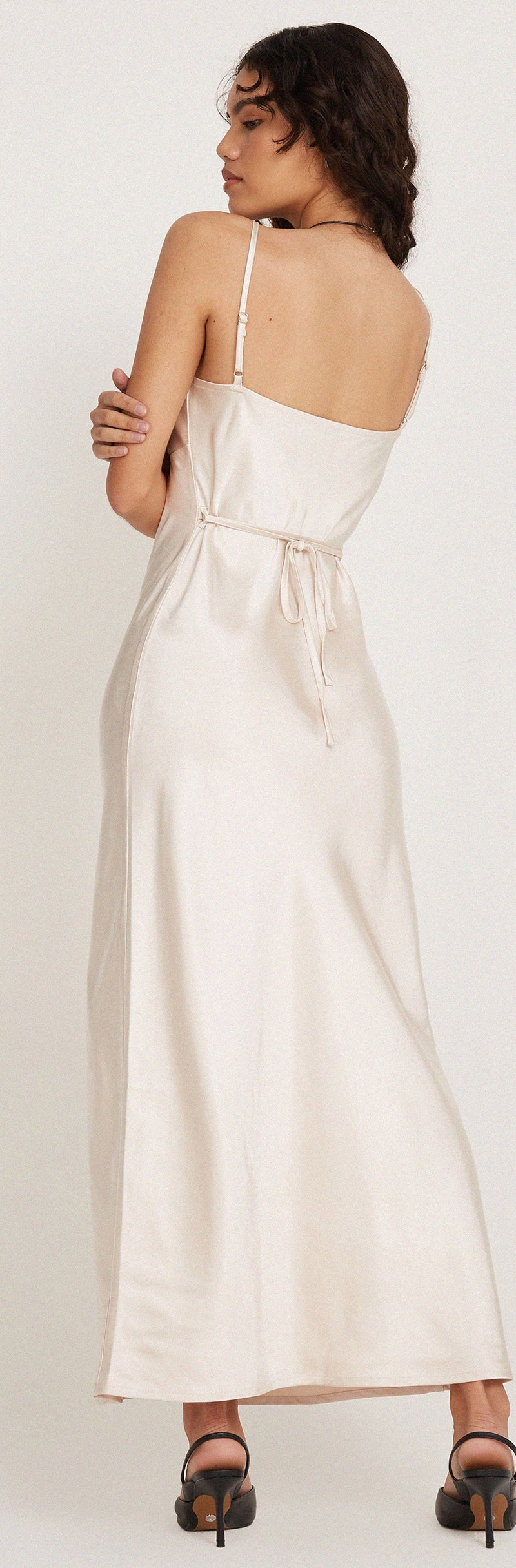 Satin Pearled Ivory Midi Dress | Padil – motelrocks-com-us
