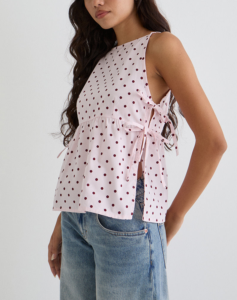 Pink and Red Polka Printed Tie Side Top | Palsi – motelrocks-com-us