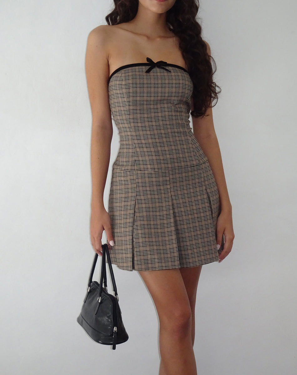 Bandeau Brown Check Pleated Mini Dress | Panola – motelrocks-com-us