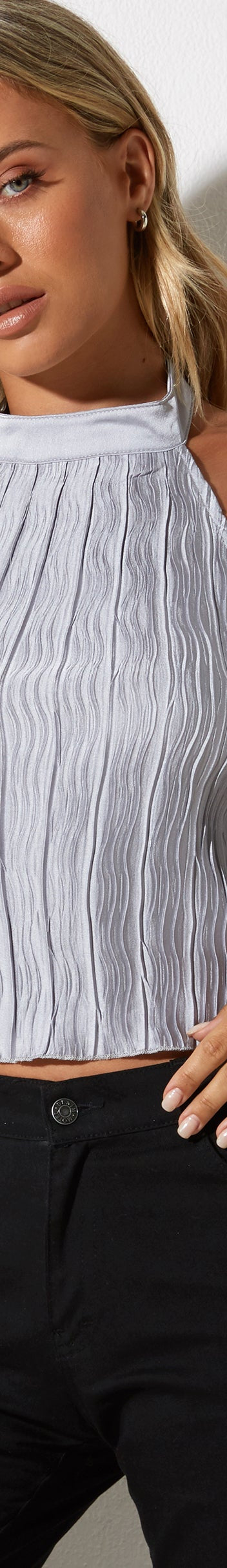 Silver Crinkle Halter Neck Sleeveless Crop Top | Petar – motelrocks-com-us