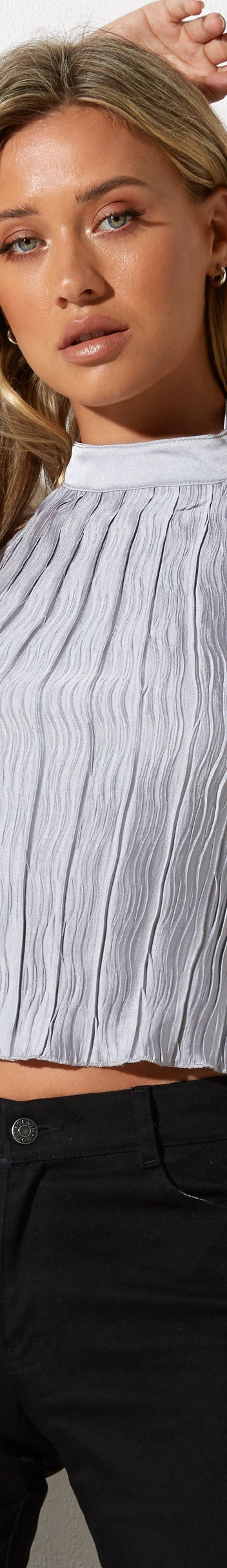 Silver Crinkle Halter Neck Sleeveless Crop Top | Petar – motelrocks-com-us