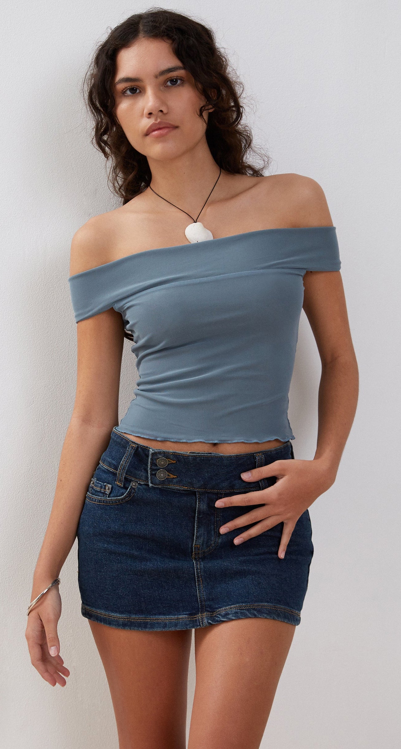 Mesh Tonal Slate Bardot Top | Pico – motelrocks-com-us