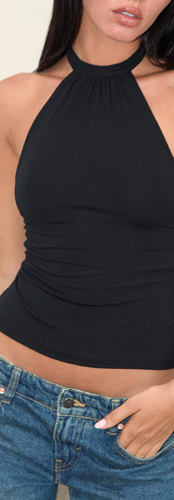 Black Rayon Jersey Slinky Halterneck Top | Raceline – motelrocks-com-us