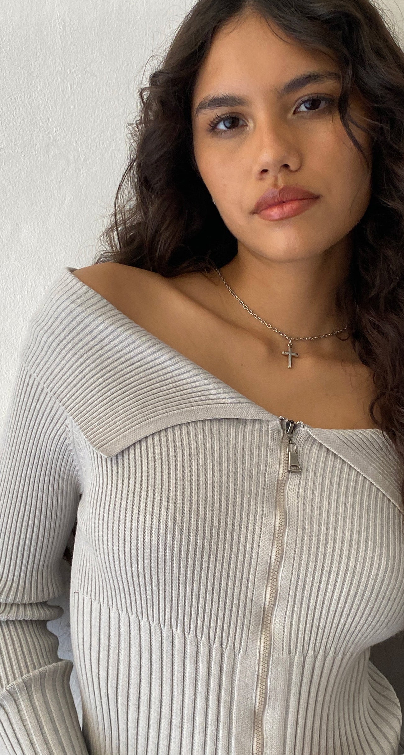 Light Grey Long Sleeve Off-Shoulder Zip Thru Jumper | Radia ...