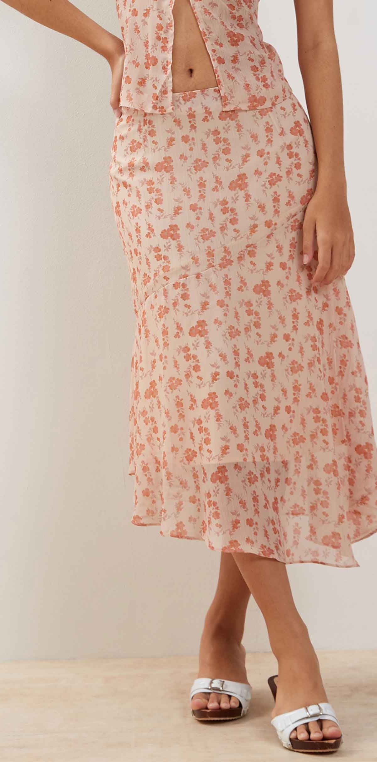 Peach Cherry Blossom Waterfall Hem Midi Skirt | Rans – motelrocks-com-us