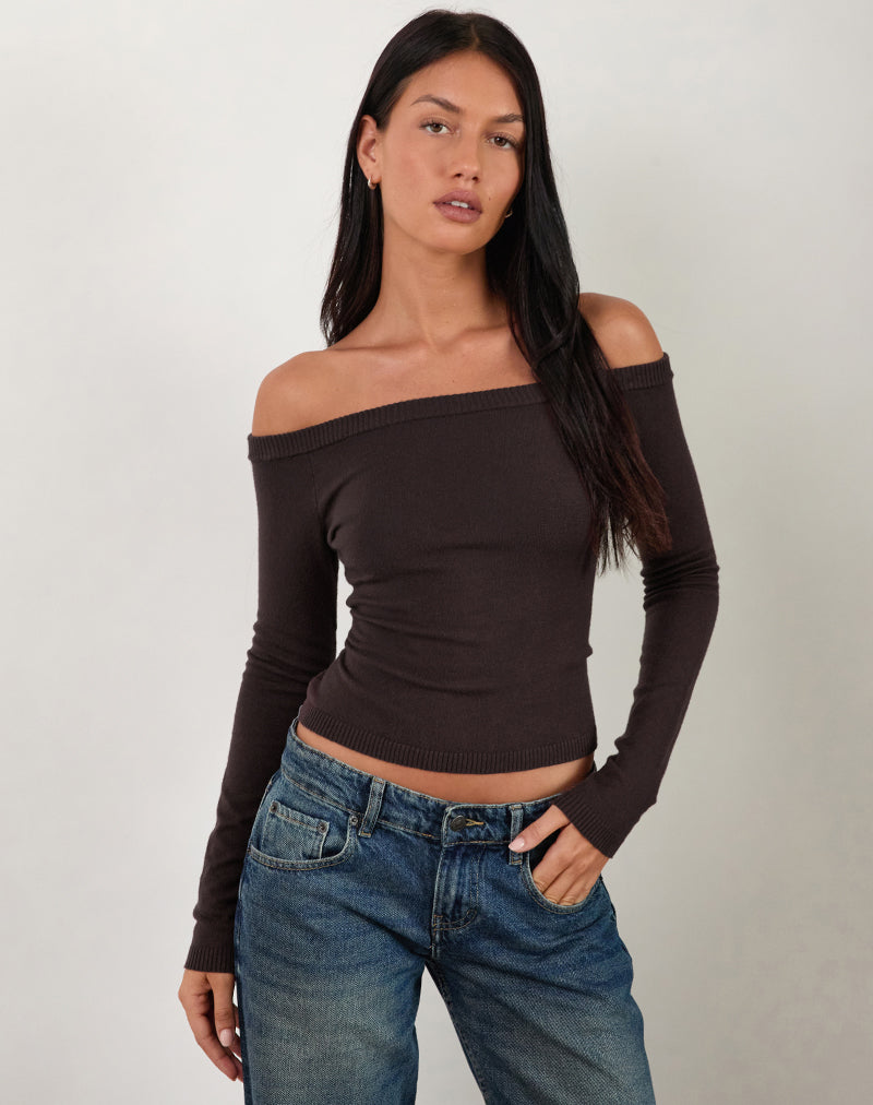 Brown Knit Bardot Long Sleeve Top | Renie – motelrocks-com-us