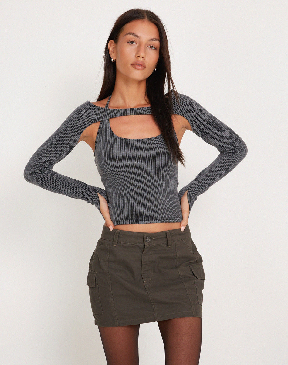 Two Tone Rib Charcoal Long Sleeve Top | Brandy – motelrocks-com-us