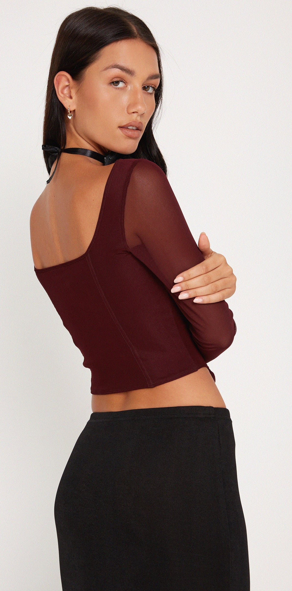 Mesh Burgundy Long Sleeve Crop Top | Helsiva – motelrocks-com-us