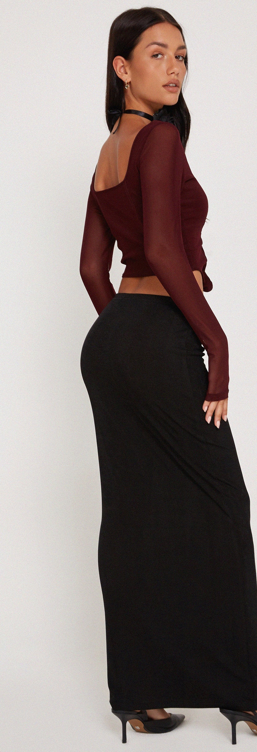 Mesh Burgundy Long Sleeve Crop Top | Helsiva – motelrocks-com-us
