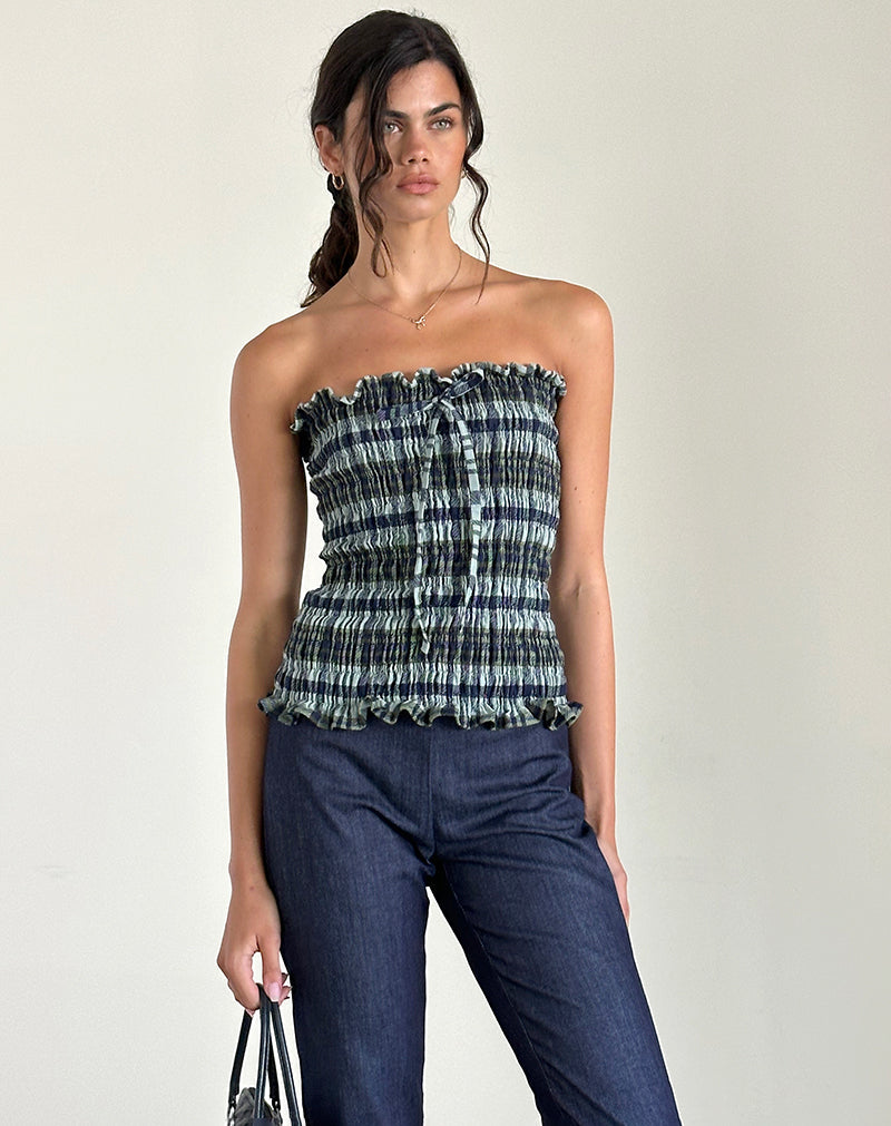 Green Mono Check Linen Bandeau Top | Rigia – motelrocks-com-us