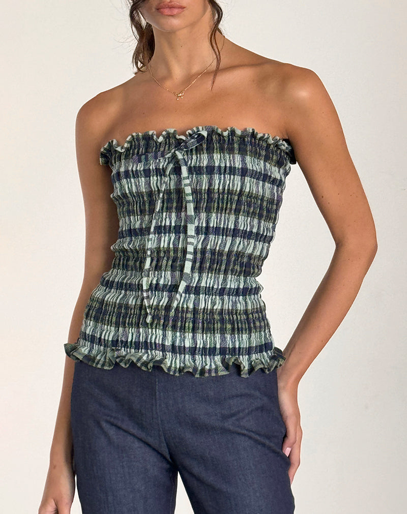 Green Mono Check Linen Bandeau Top | Rigia – motelrocks-com-us