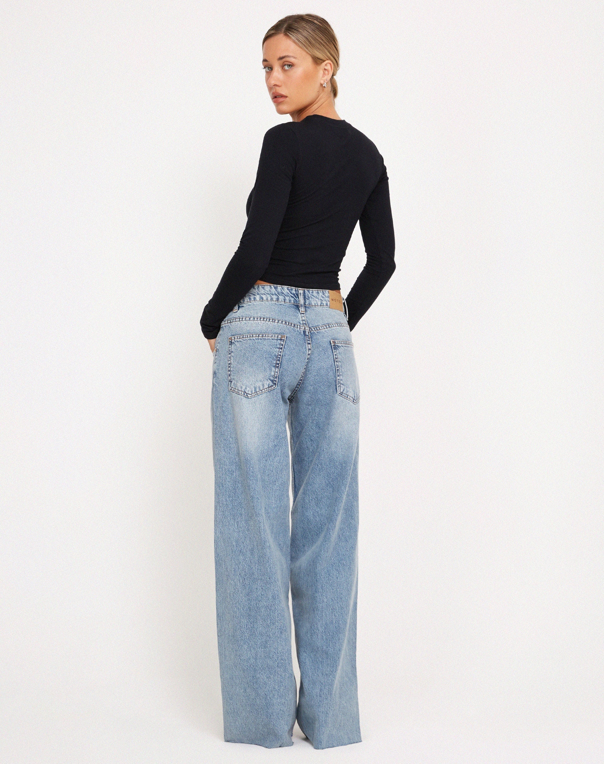 Blue Wash Extra Wide Raw Hem Low rise Jeans | Roomy – motelrocks-com-us