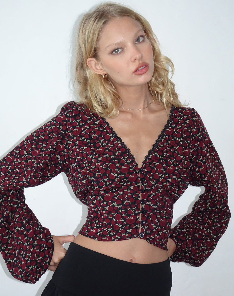 Dark Rhoslyn Ditsy Rose long Sleeve Top | Rosani – motelrocks-com-us