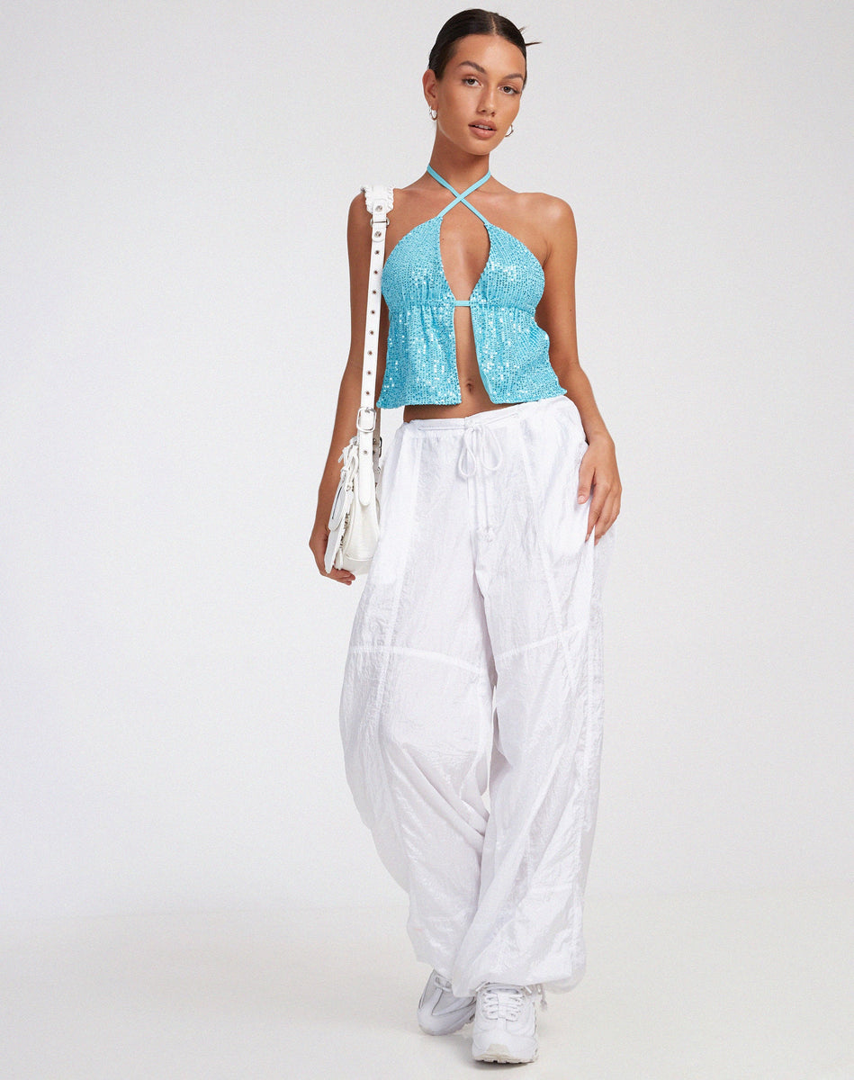 Blue Sequin Backless Split Front Halterneck Crop Top | Runita ...