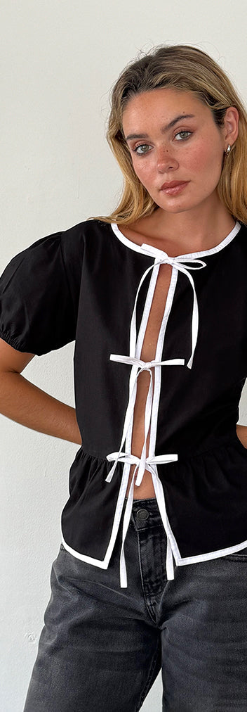 Black with White Binding Tie Front Blouse | Ryota – motelrocks-com-us